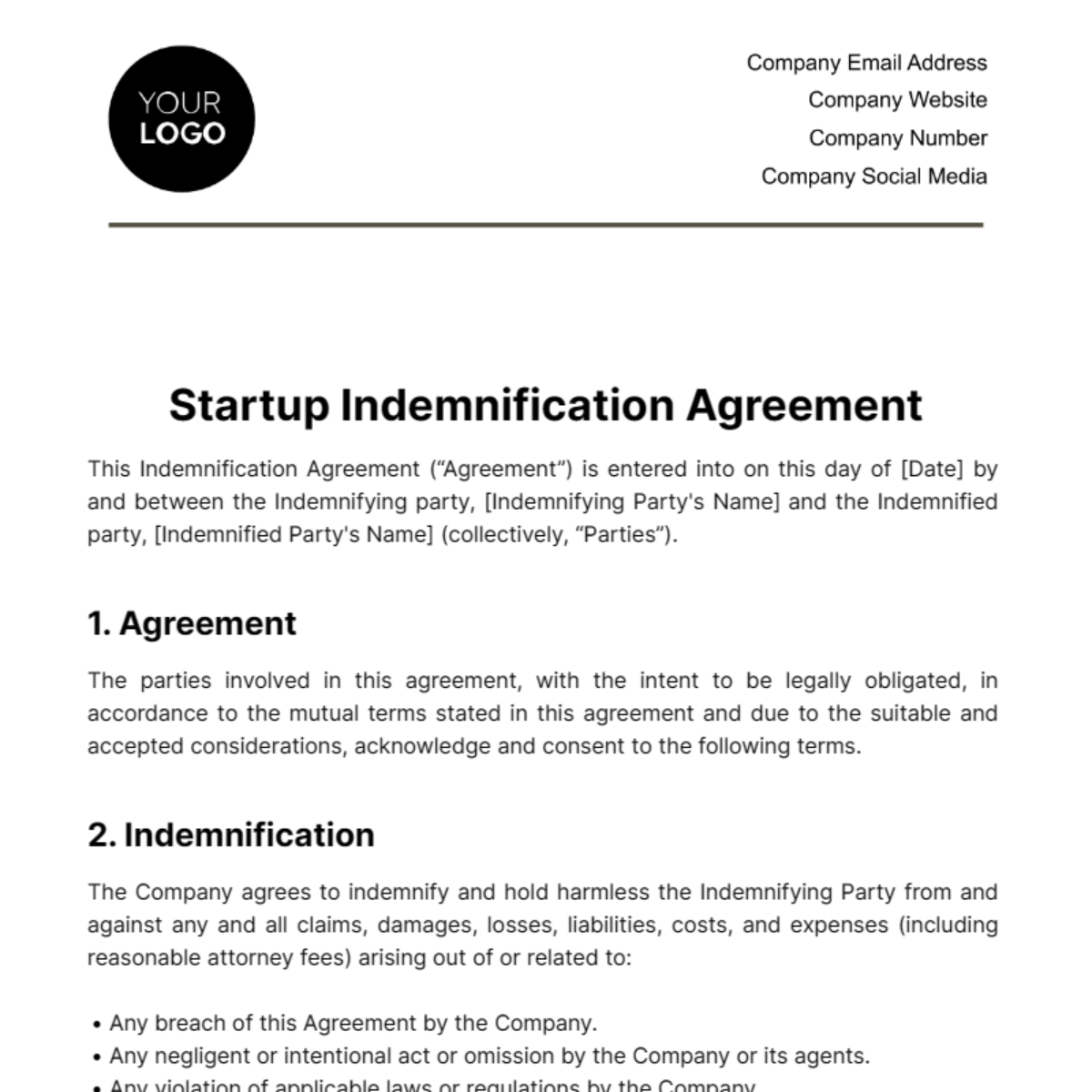 Startup Indemnification Agreement Template - Edit Online & Download ...