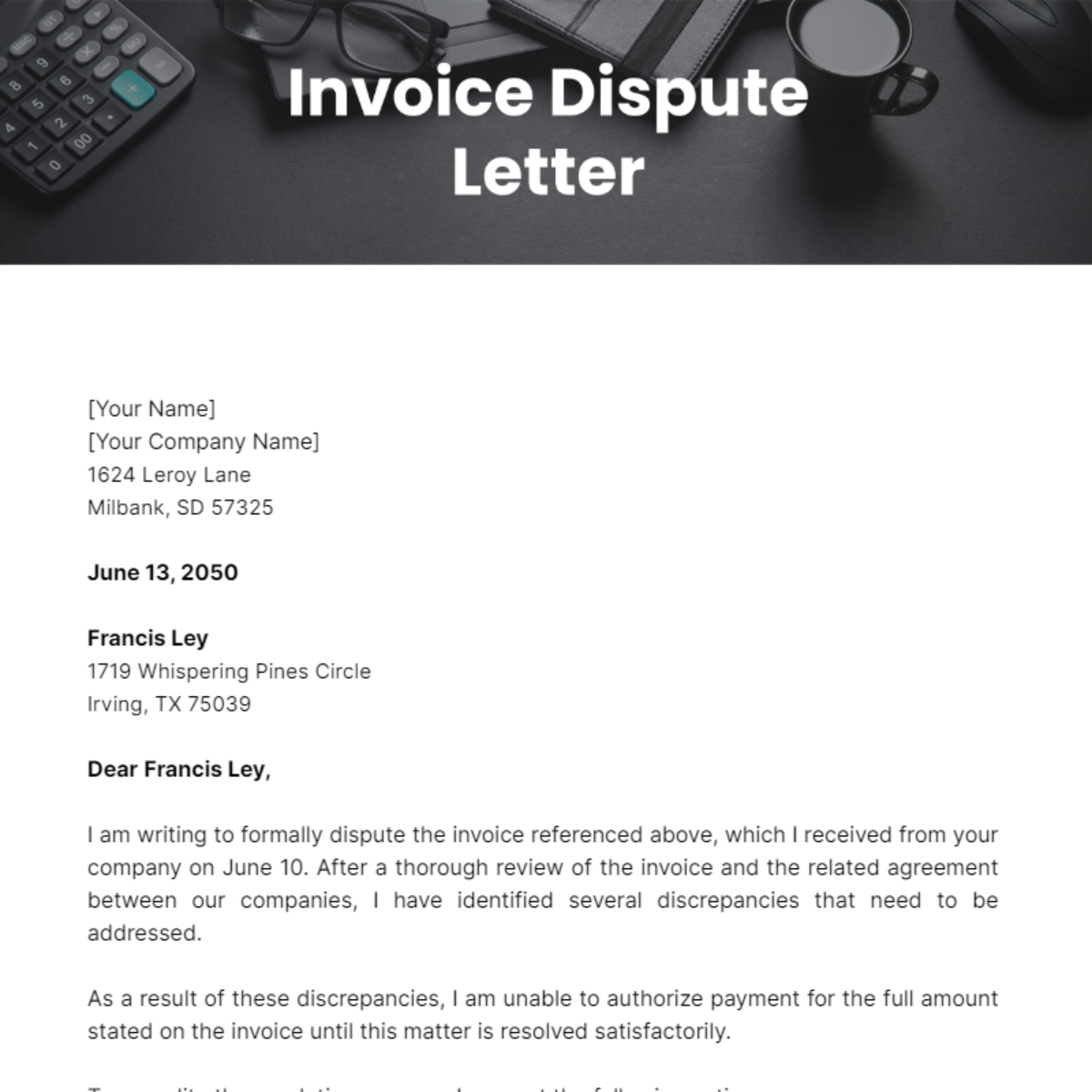 Invoice Dispute Letter Template Template