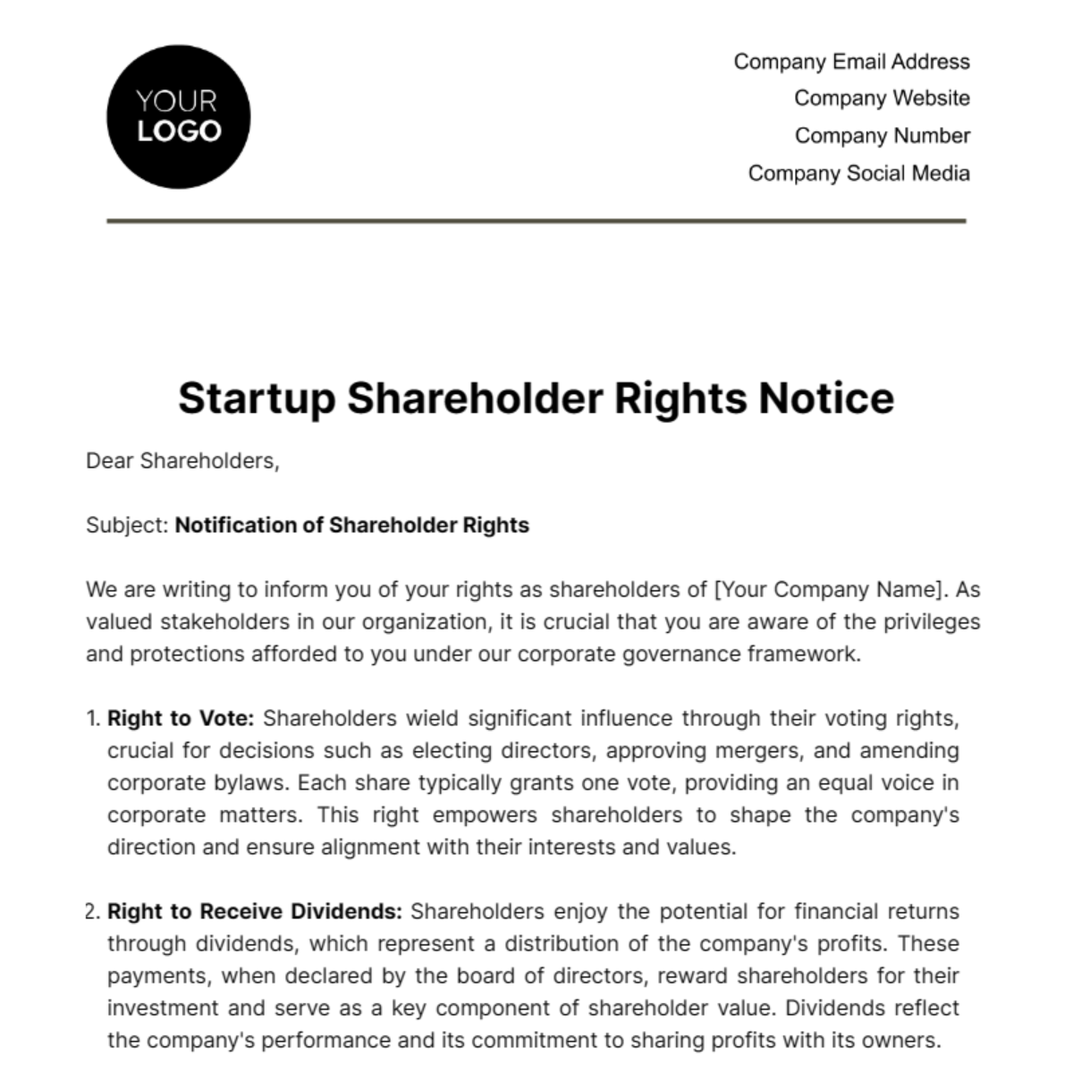 Startup Shareholder Rights Notice Template - Edit Online & Download ...