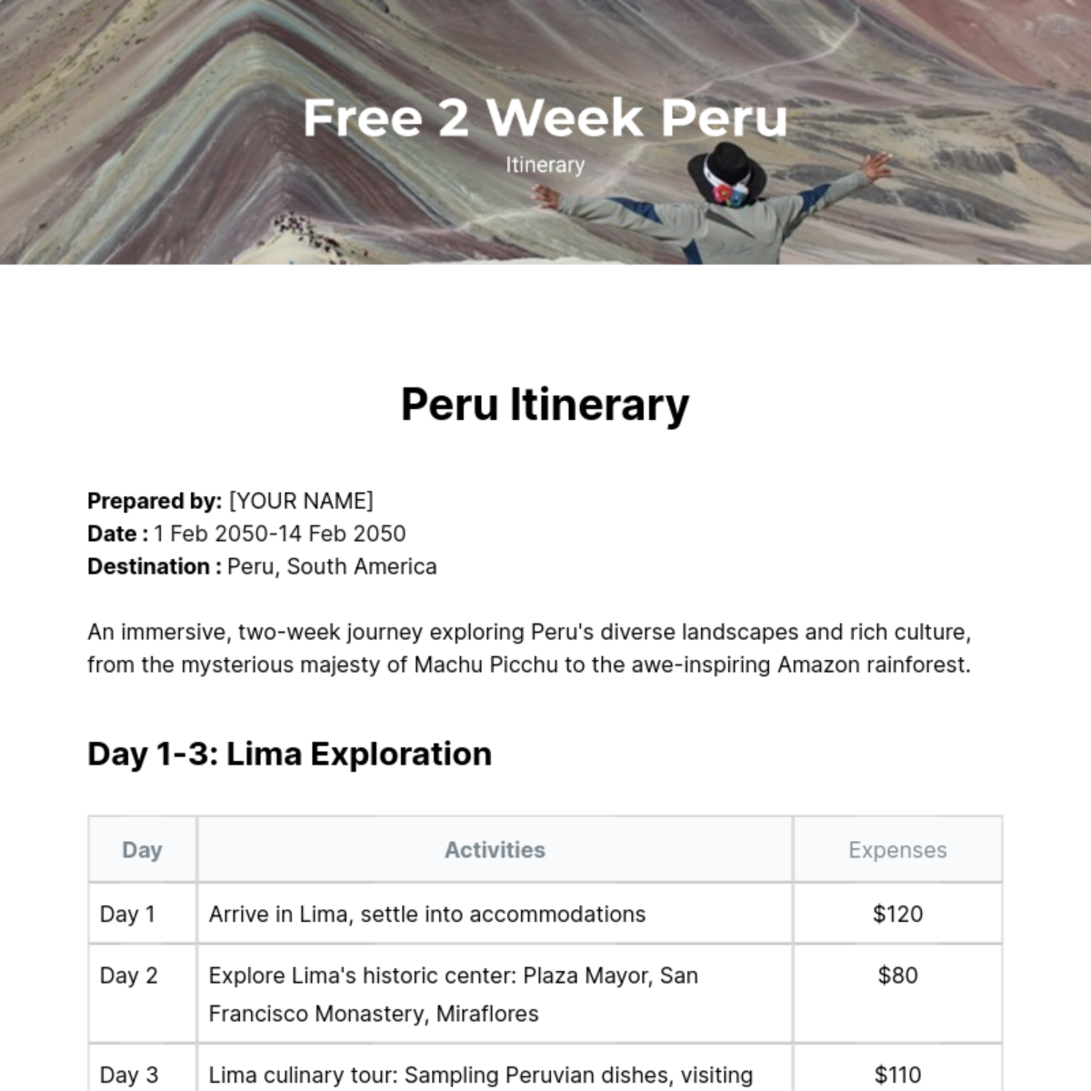 2 Week Peru Itinerary Template - Edit Online & Download Example ...