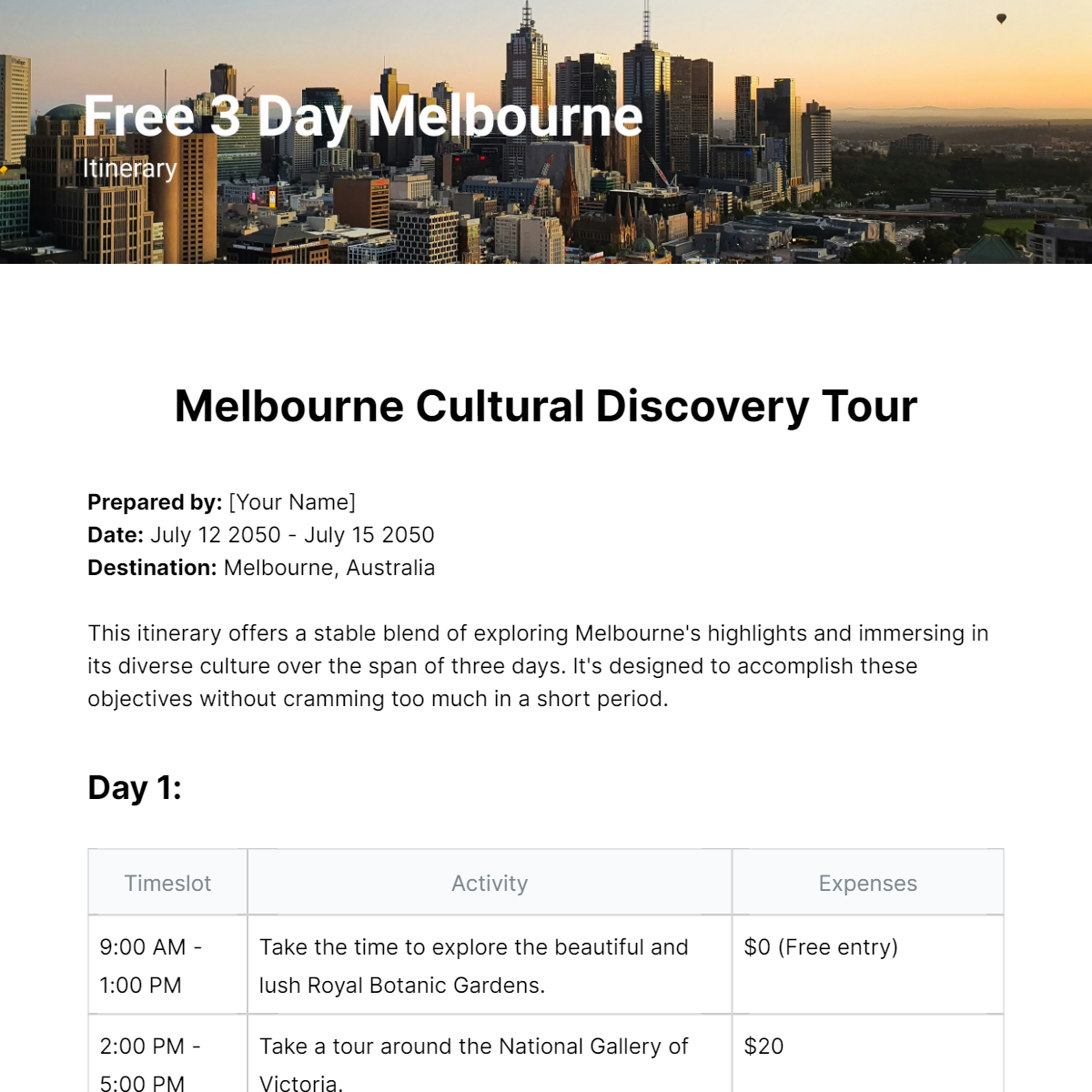 3 Day Melbourne Itinerary Template - Edit Online & Download Example ...