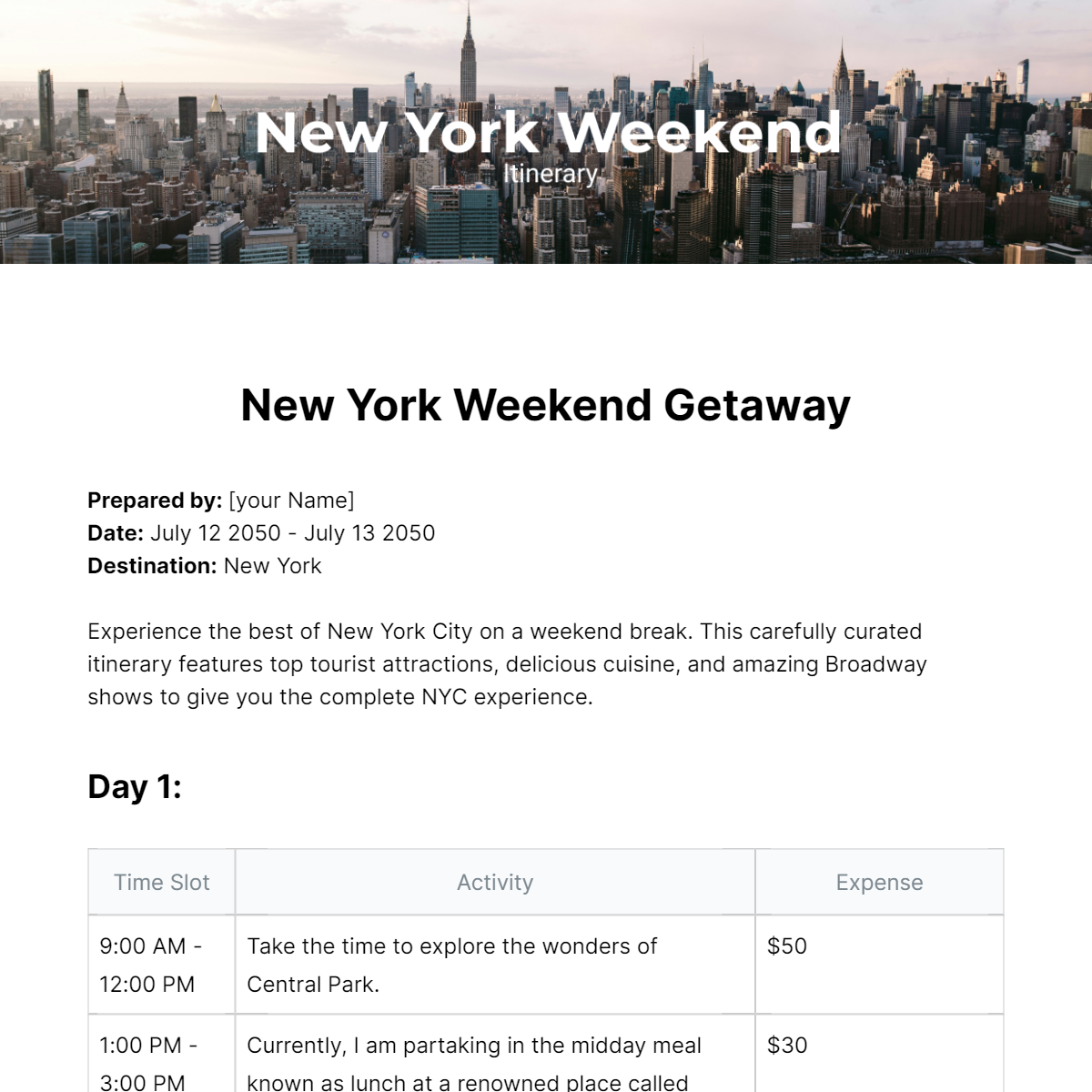 New York Weekend Itinerary Itinerary - Edit Online & Download Example ...