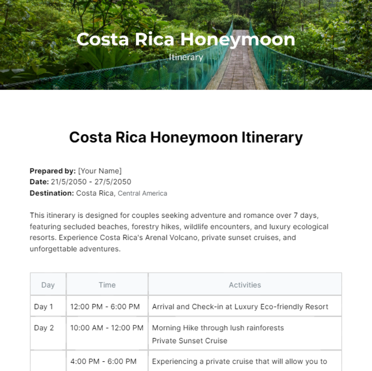 Costa Rica Honeymoon Itinerary Template - Edit Online & Download ...