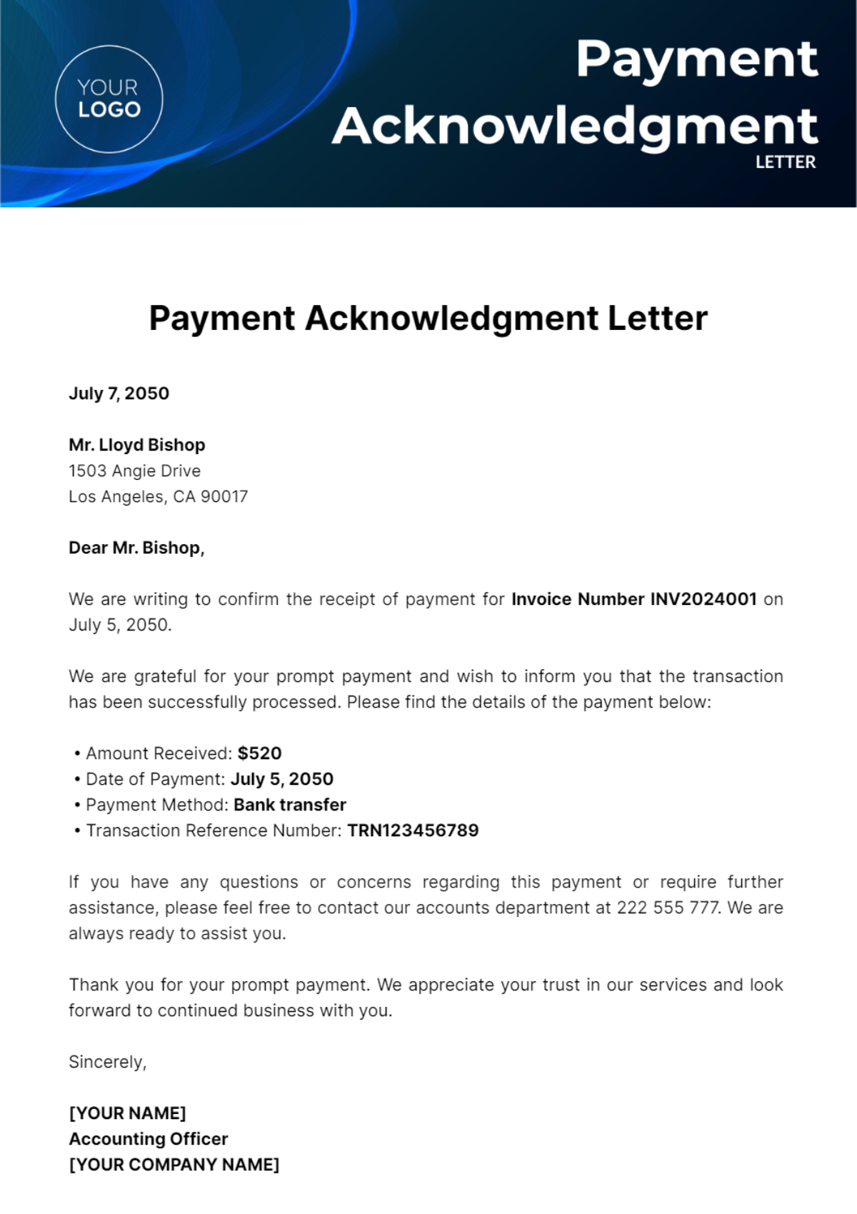 Payment Acknowledgment Letter Template - Edit Online & Download Example | Template.net