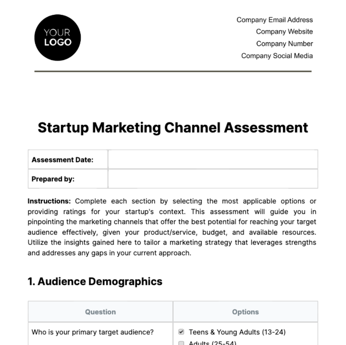 Startup Marketing Channel Assessment Template - Edit Online & Download ...