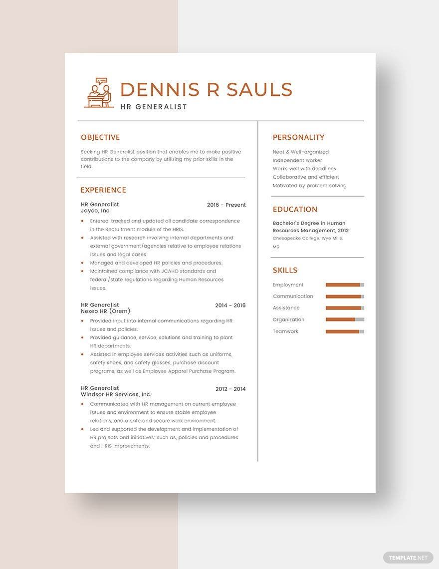 HR Generalist Resume Download In Word Apple Pages Template