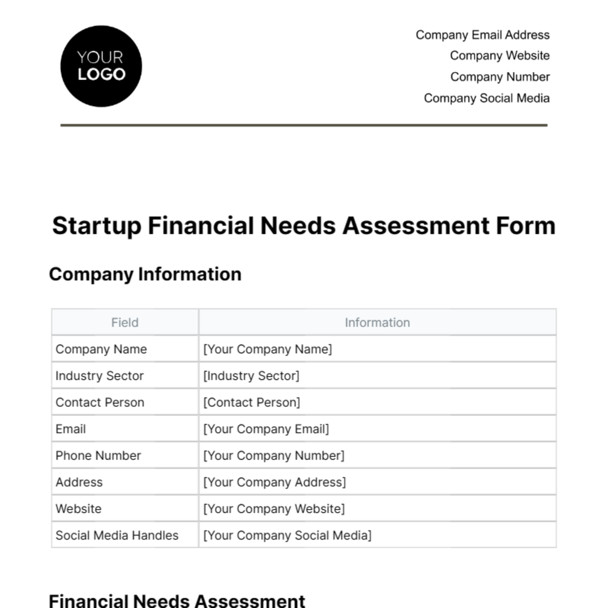 Startup Financial Needs Assessment Form Template - Edit Online ...