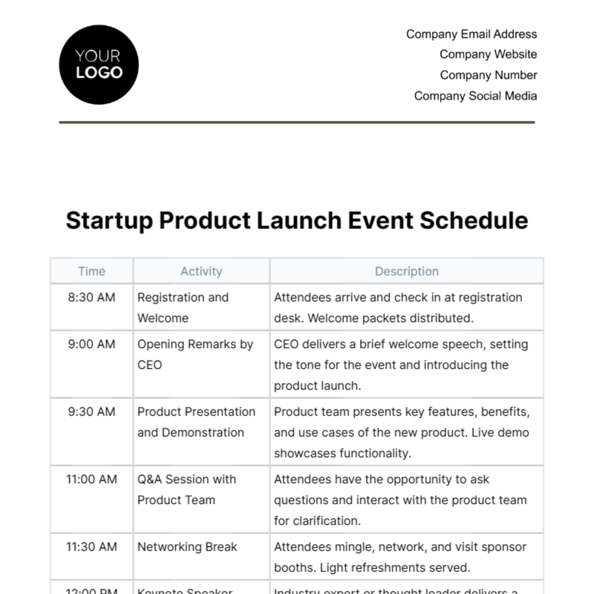 Startup Product Launch Event Schedule Template - Edit Online & Download Example | Template.net