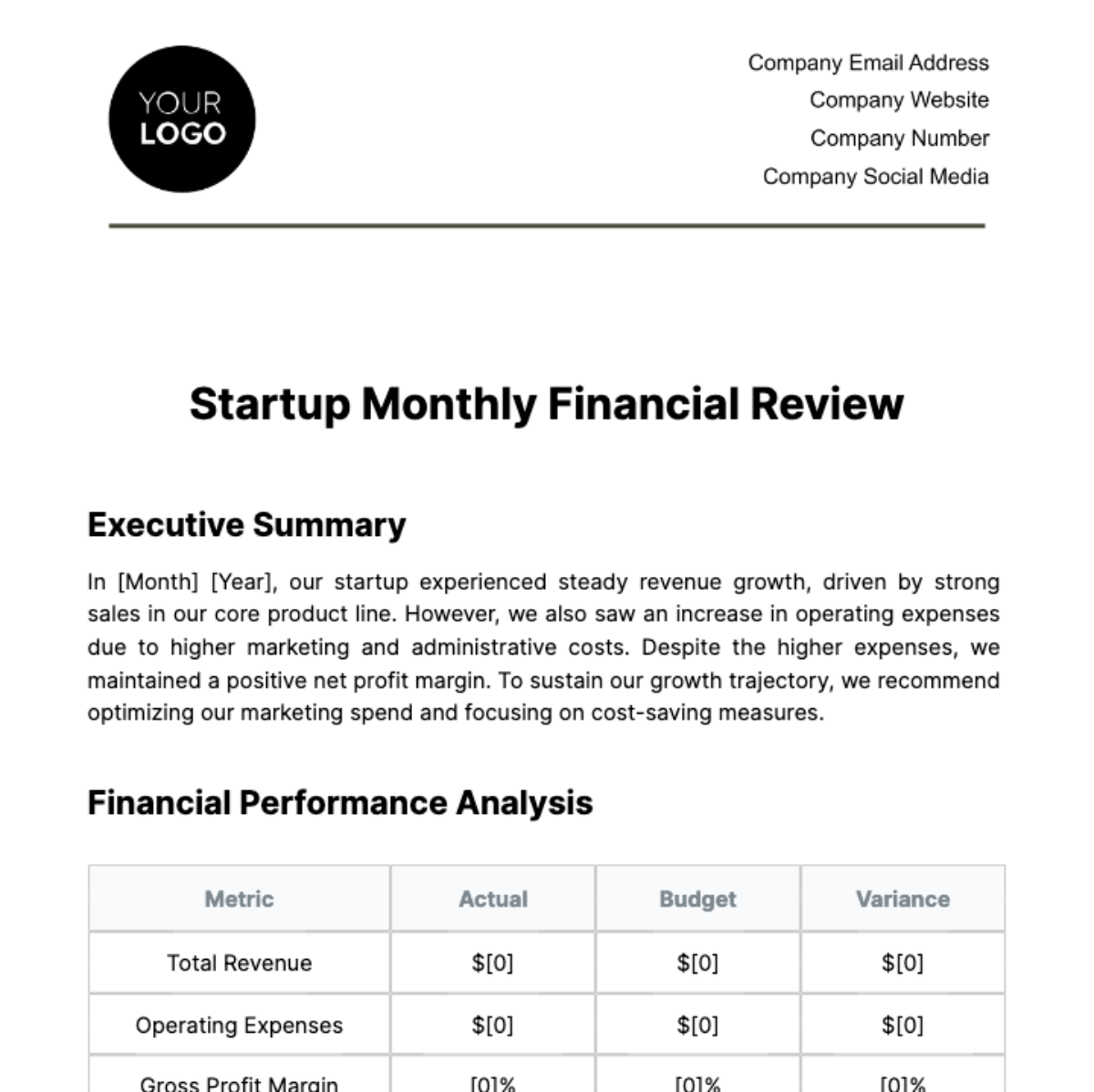 Startup Monthly Financial Review Template - Edit Online & Download ...