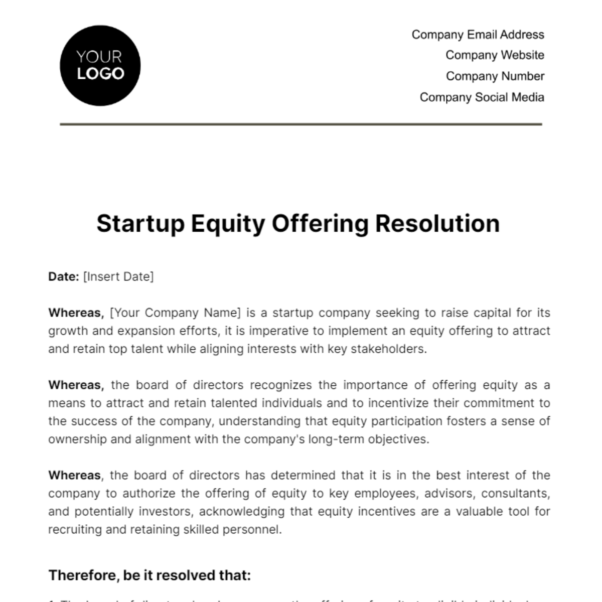Startup Equity Offering Resolution Template - Edit Online & Download ...