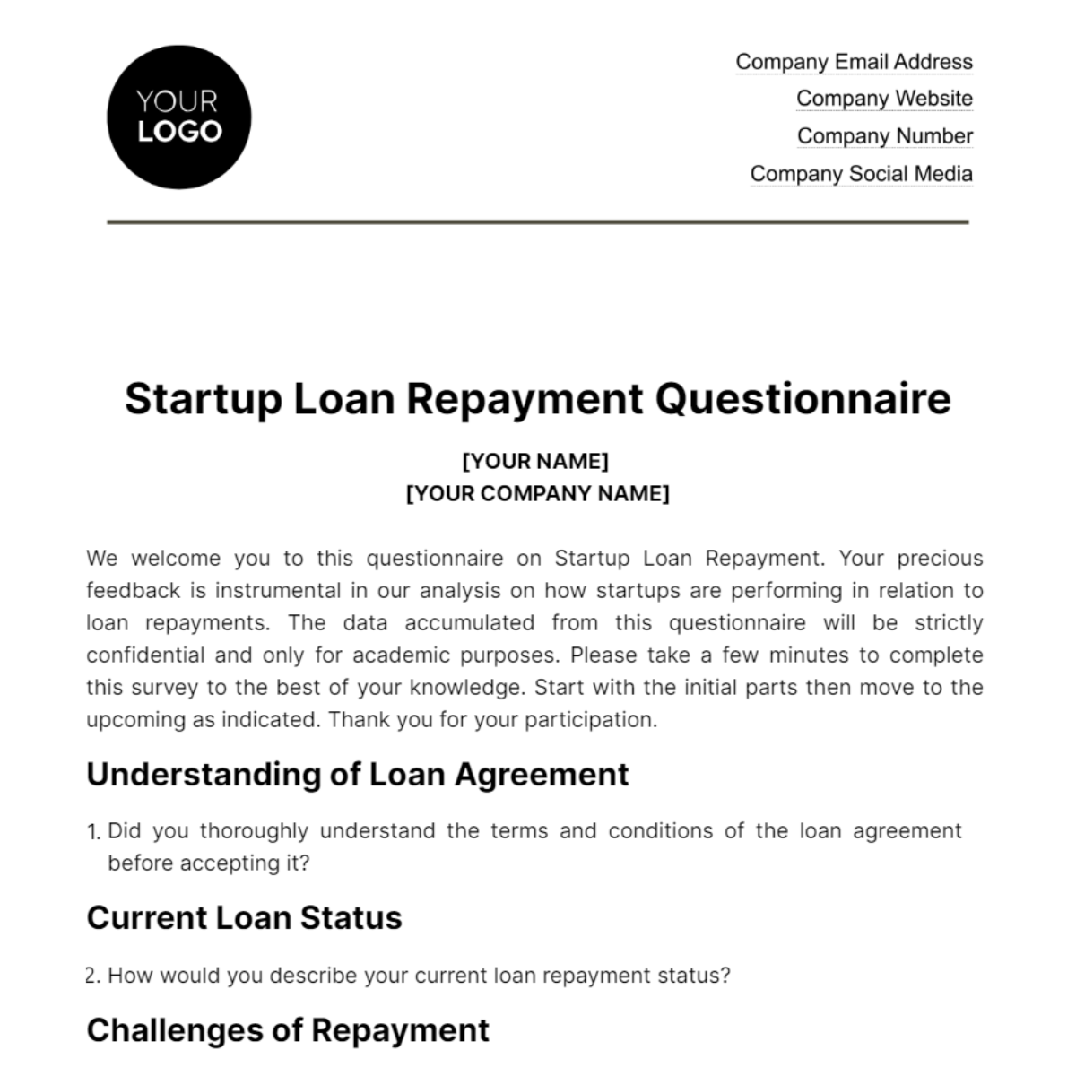 Startup Loan Repayment Questionnaire Template - Edit Online & Download ...