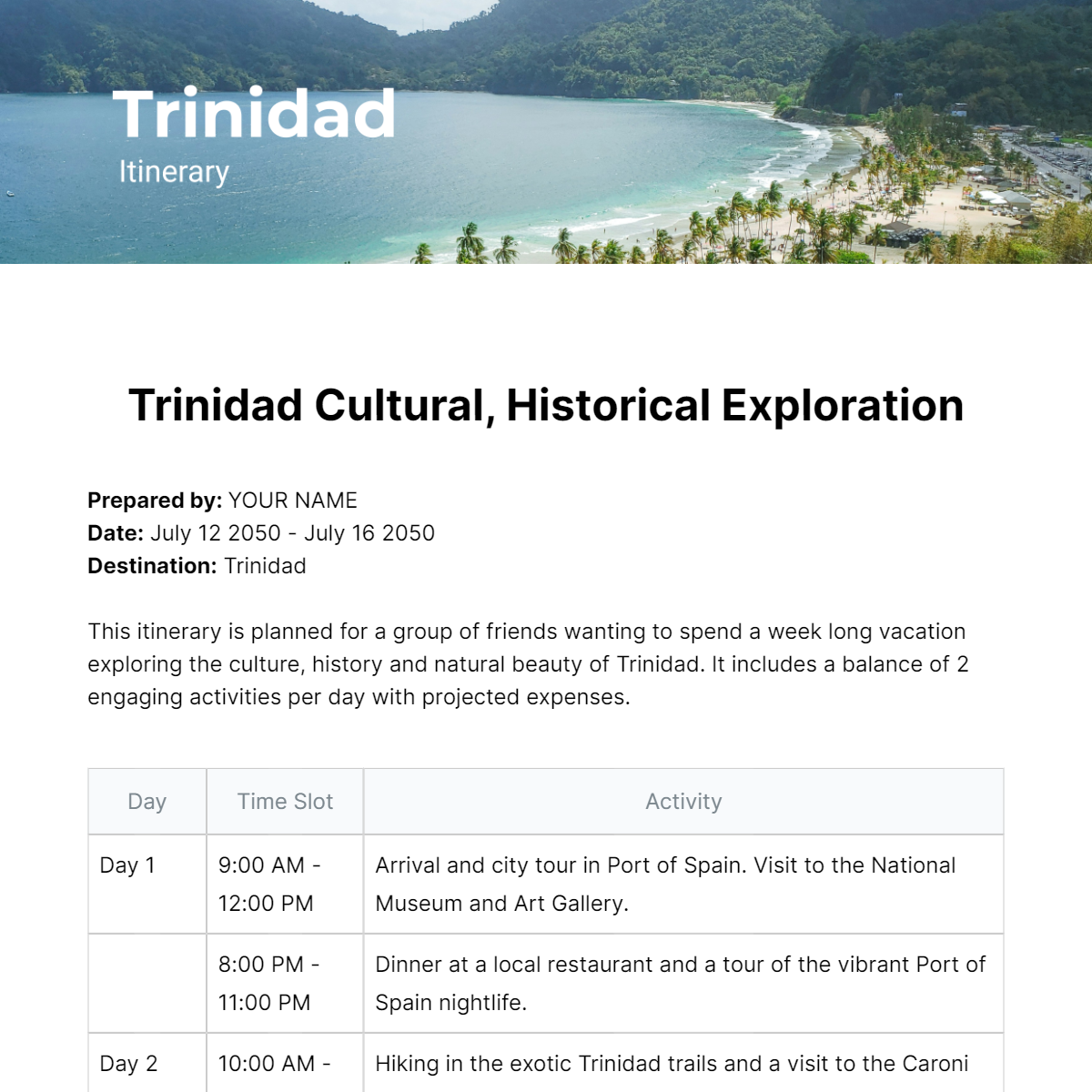 Trinidad Itinerary Template - Edit Online & Download Example | Template.net