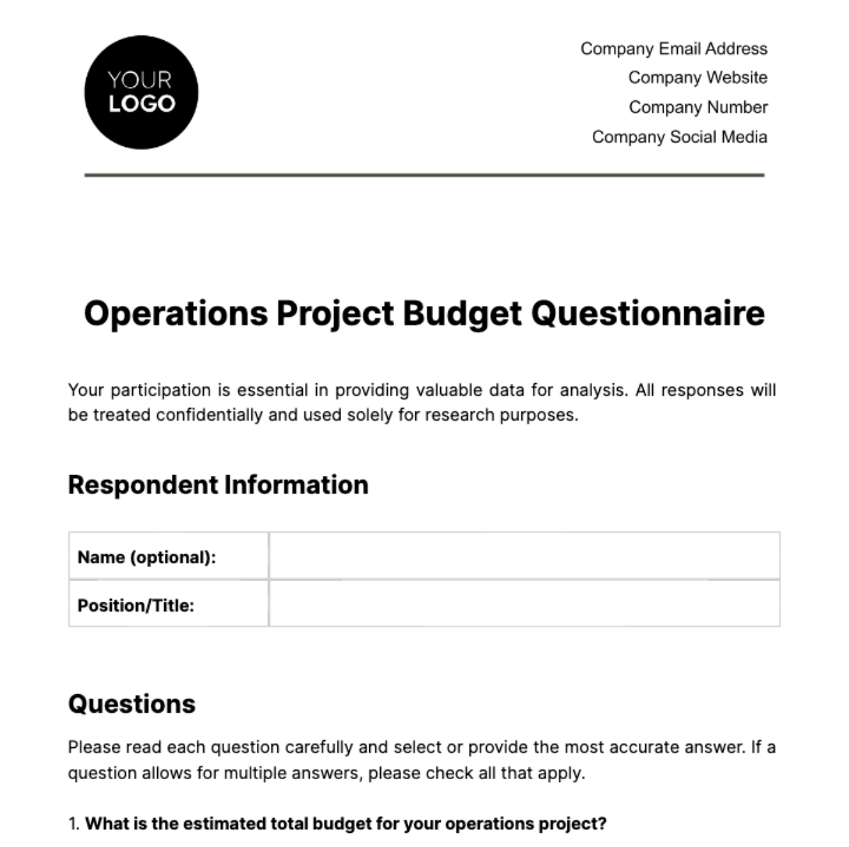 Operations Project Budget Questionnaire Template - Edit Online ...