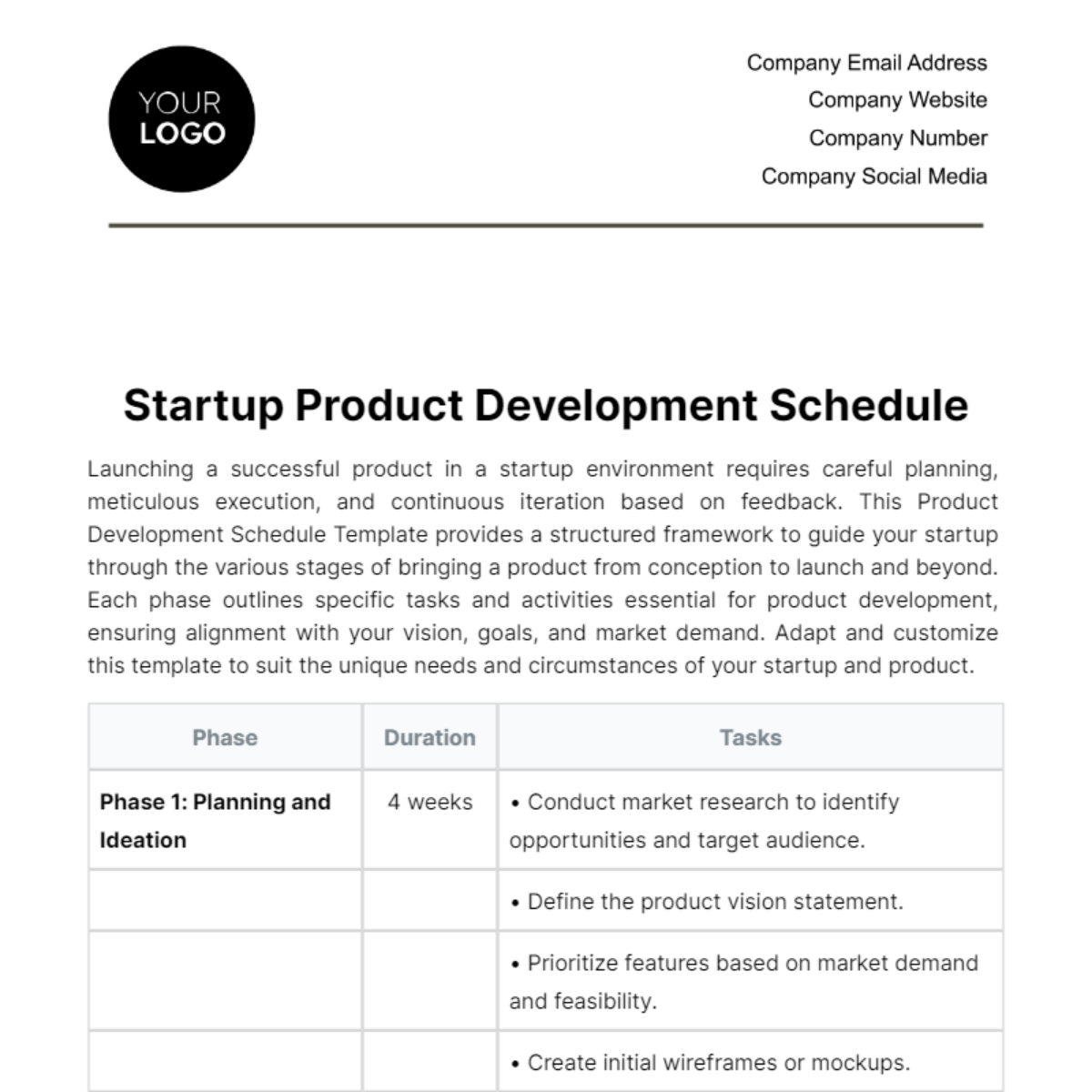 Startup Product Development Schedule Template - Edit Online & Download ...