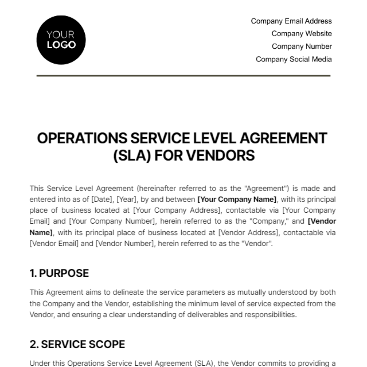 Operations Service Level Agreement (SLA) for Vendors Template - Edit ...