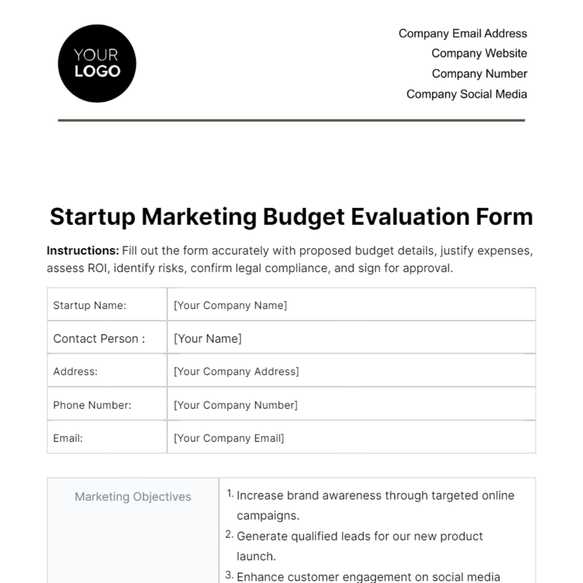 Startup Marketing Budget Evaluation Form Template | Template.net