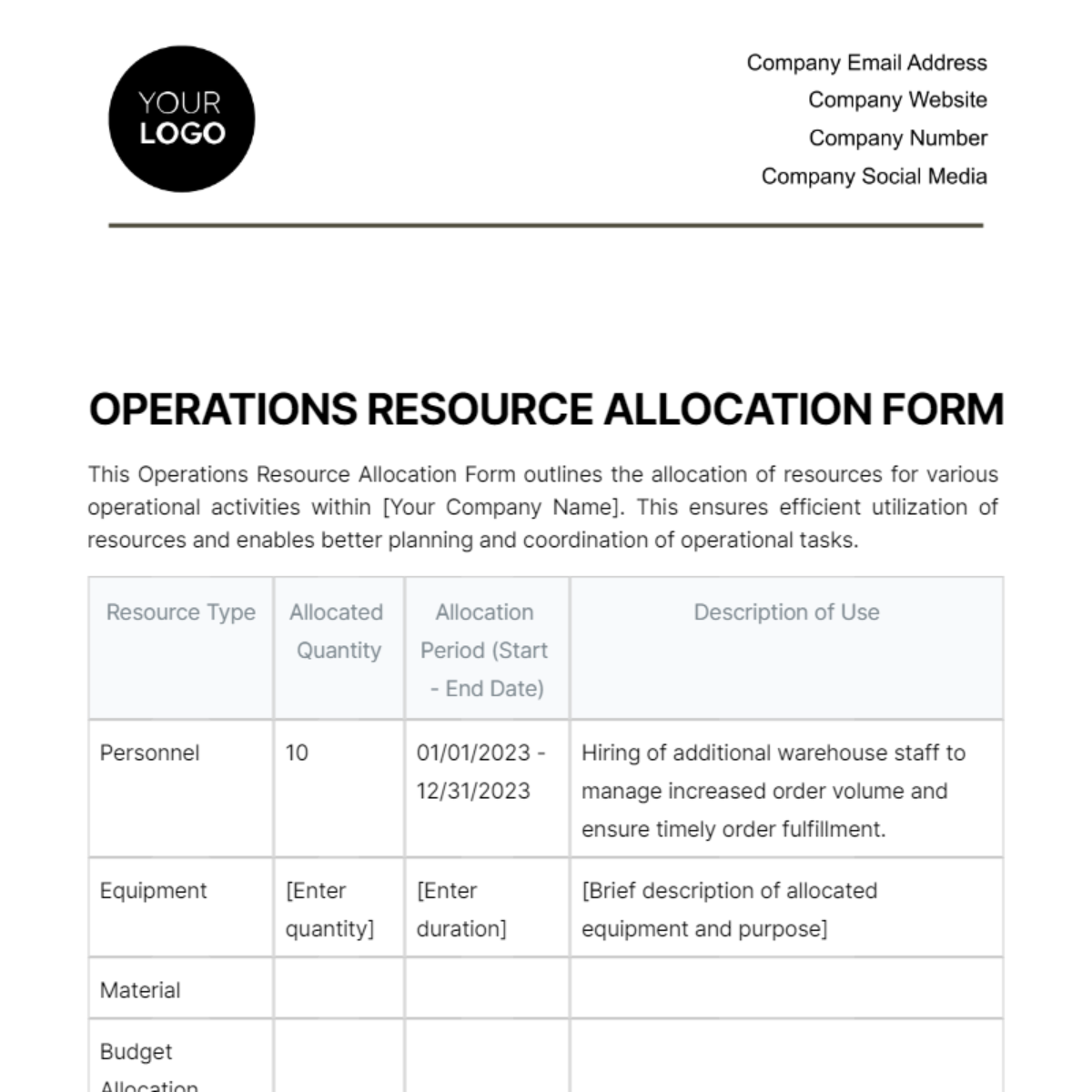 Operations Resource Allocation Form Template - Edit Online & Download ...