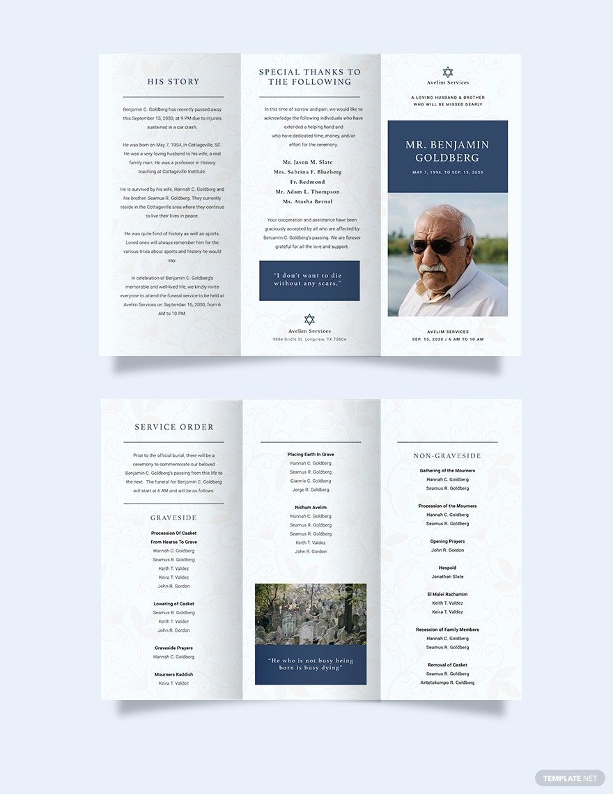 Free Jewish Funeral Program Tri fold Brochure Template Download In 