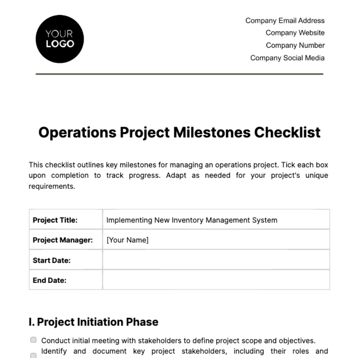 Operations Project Milestones Checklist Template - Edit Online ...