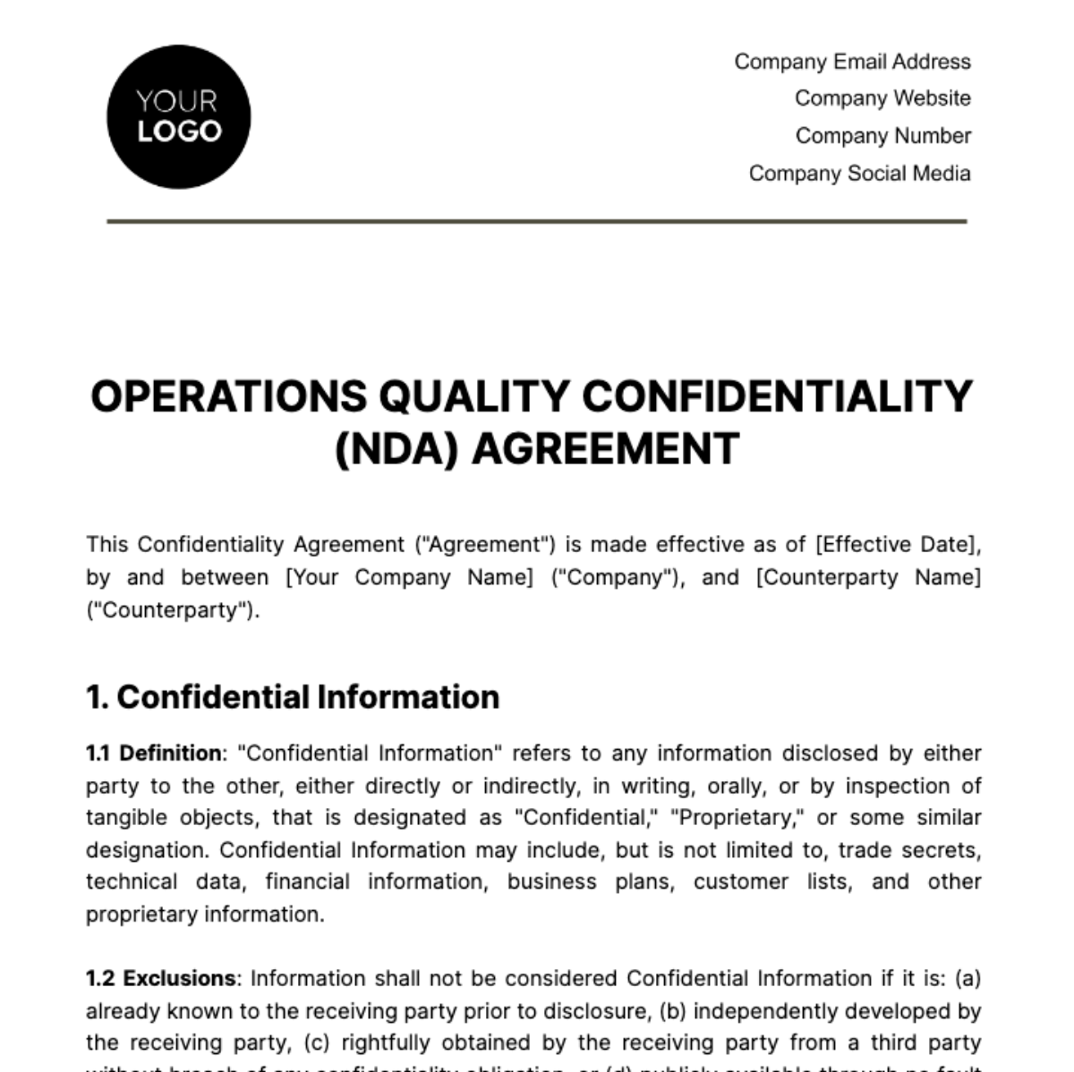 Operations Quality Confidentiality (NDA) Agreement Template - Edit ...