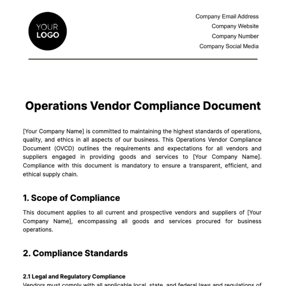 Operations Vendor Compliance Document Template - Edit Online & Download ...
