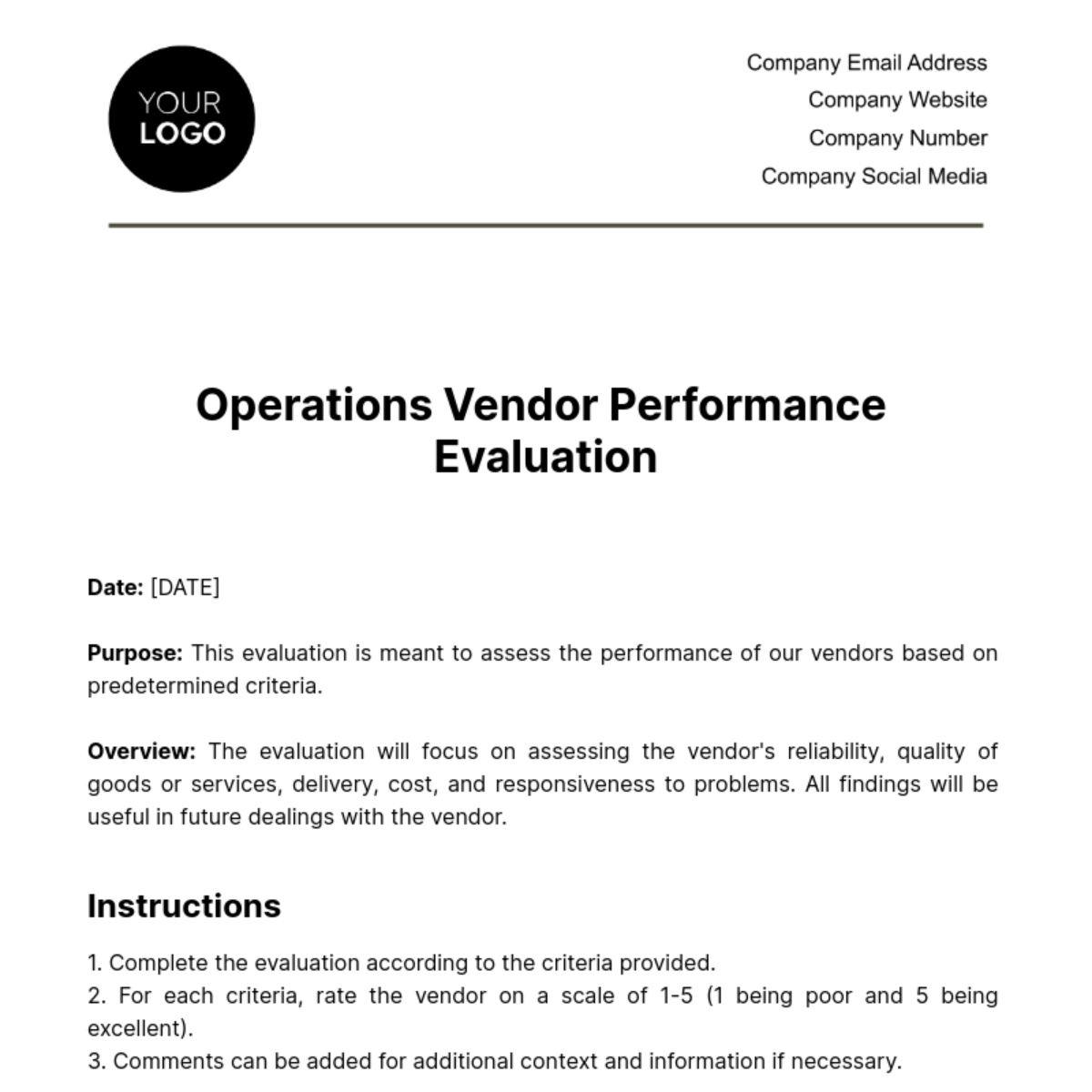 Operations Vendor Performance Evaluation Template - Edit Online ...