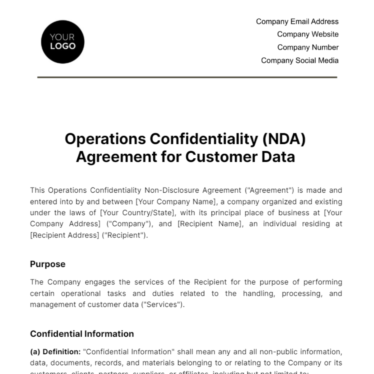 Operations Confidentiality (NDA) Agreement for Customer Data Template ...