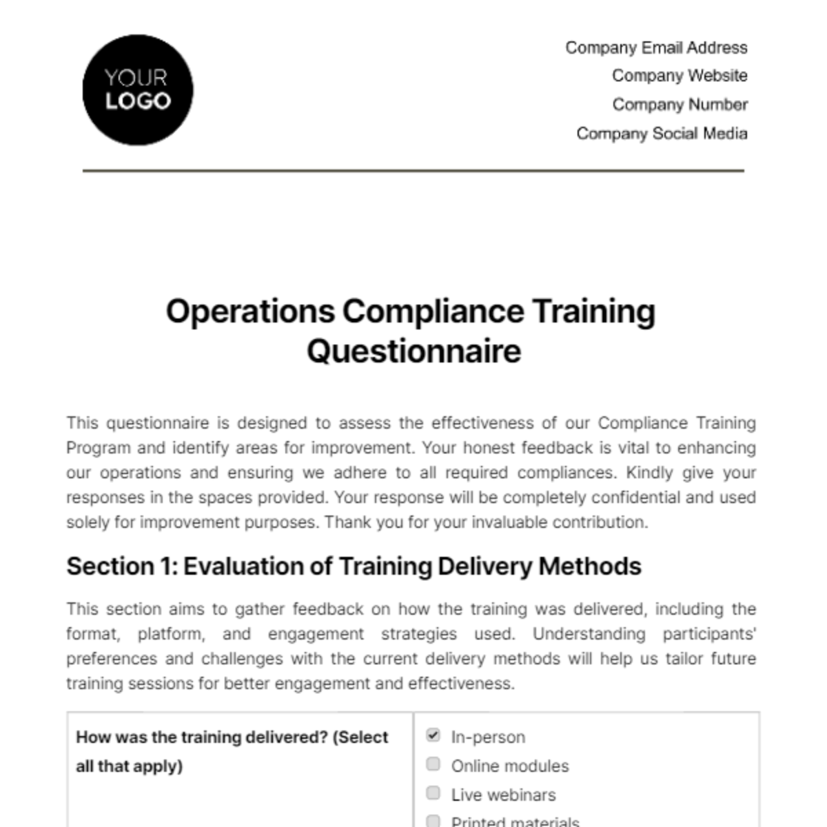 Operations Compliance Training Questionnaire Template - Edit Online ...