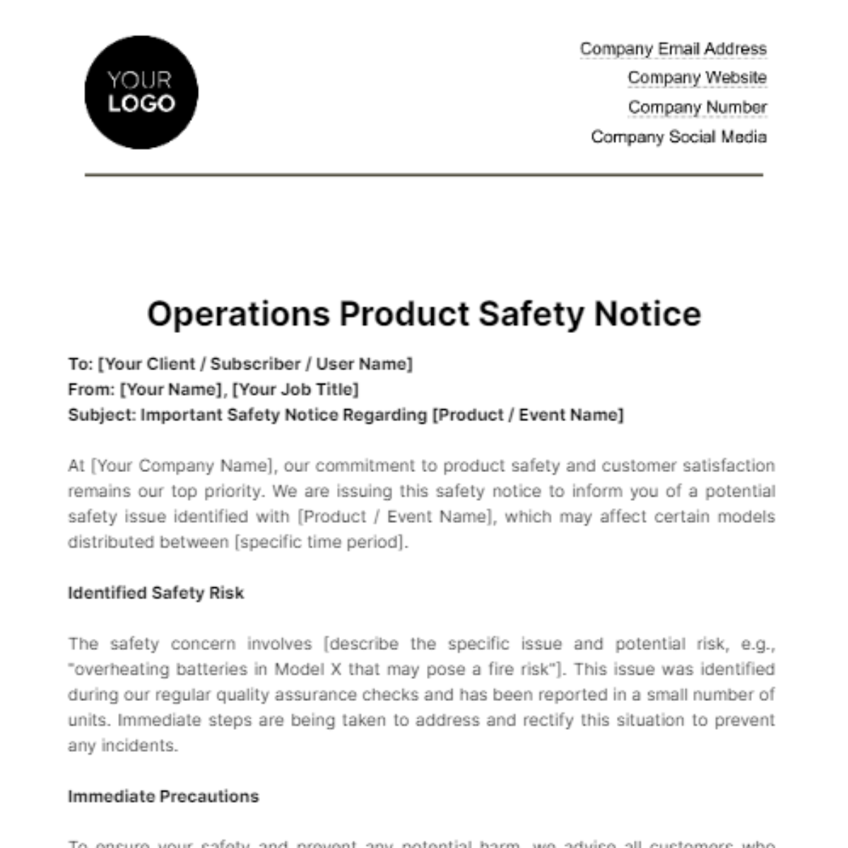 Operations Product Safety Notice Template - Edit Online & Download ...