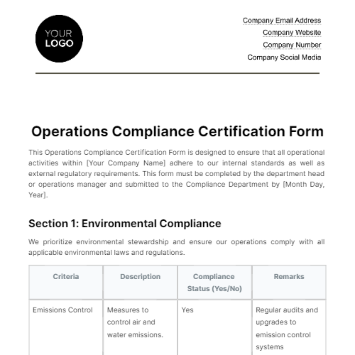 Operations Compliance Certification Form Template - Edit Online ...