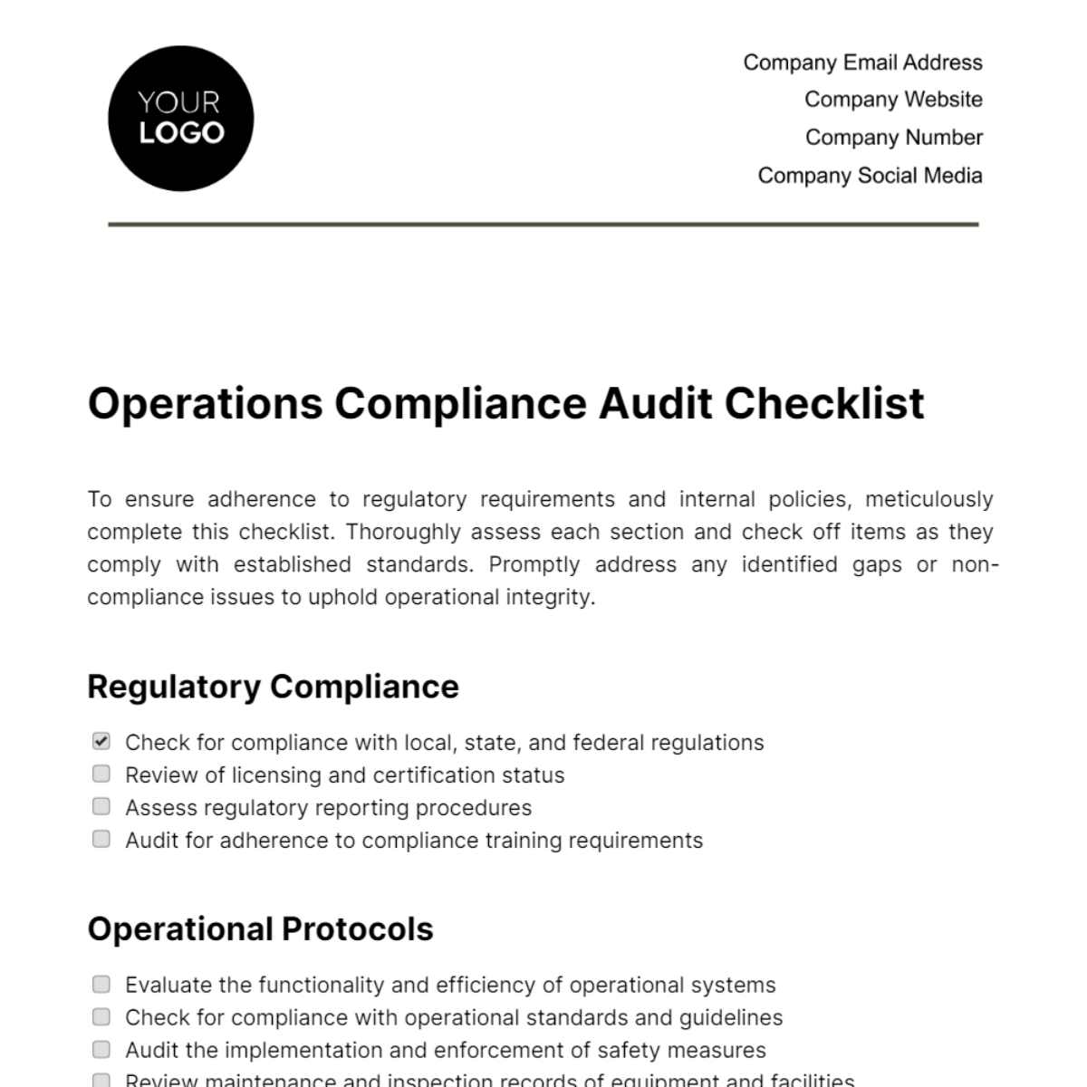 Operations Compliance Audit Checklist Template - Edit Online & Download