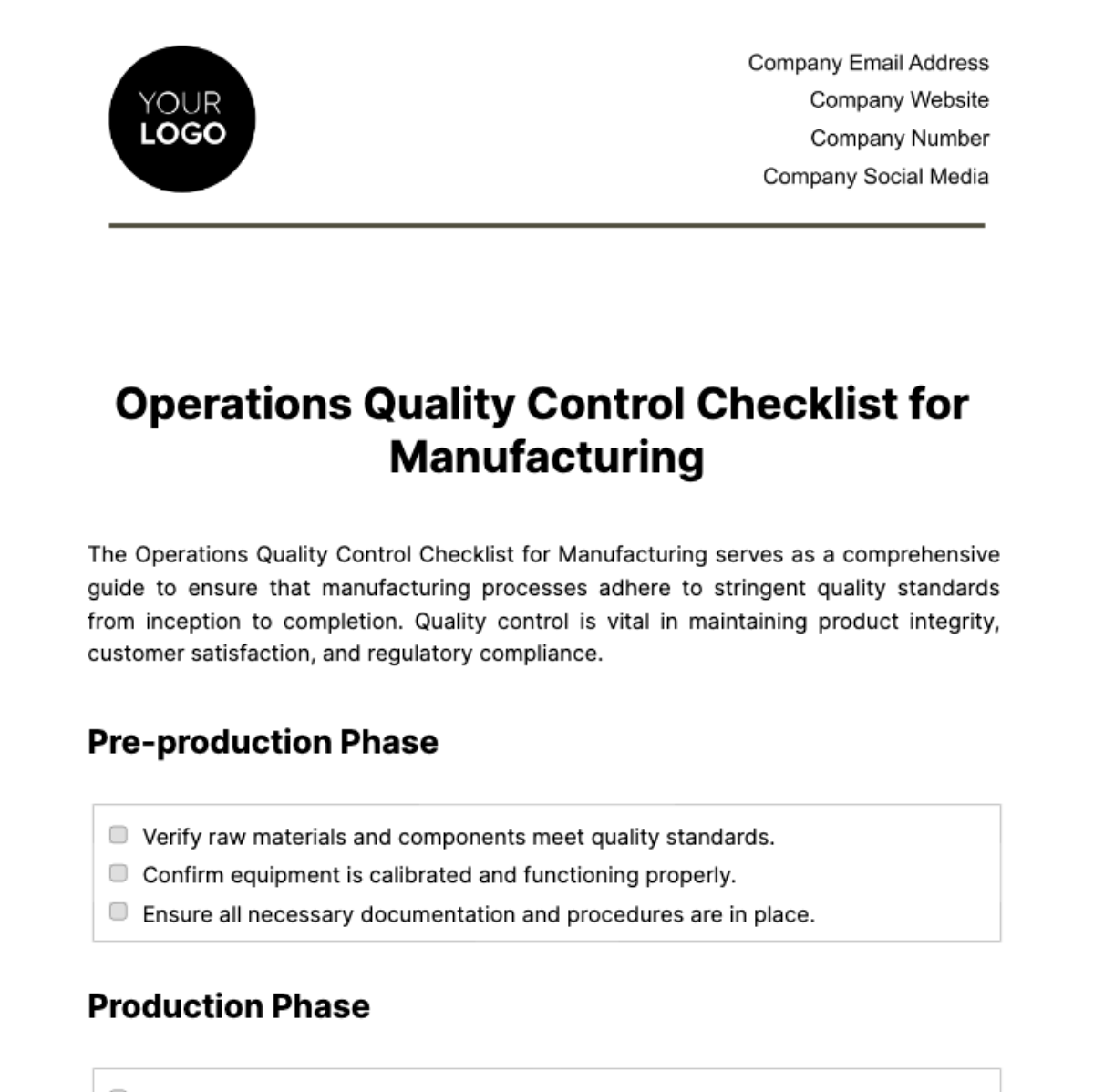 Operations Quality Control Checklist for Manufacturing Template - Edit Online & Download Example ...
