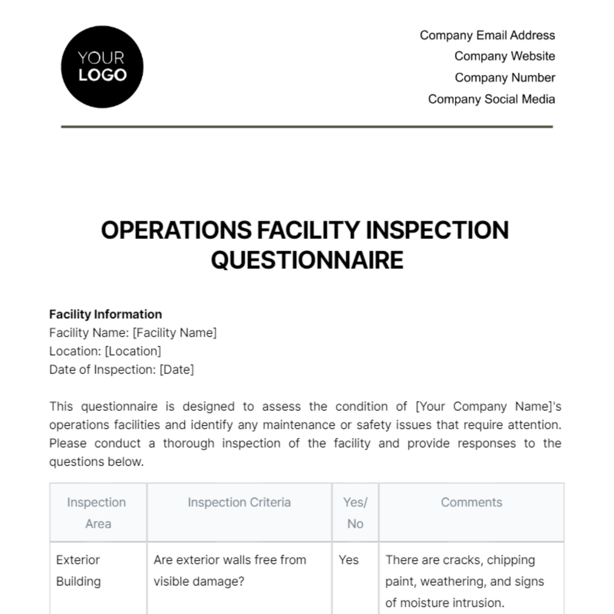 Operations Facility Inspection Questionnaire Template - Edit Online ...