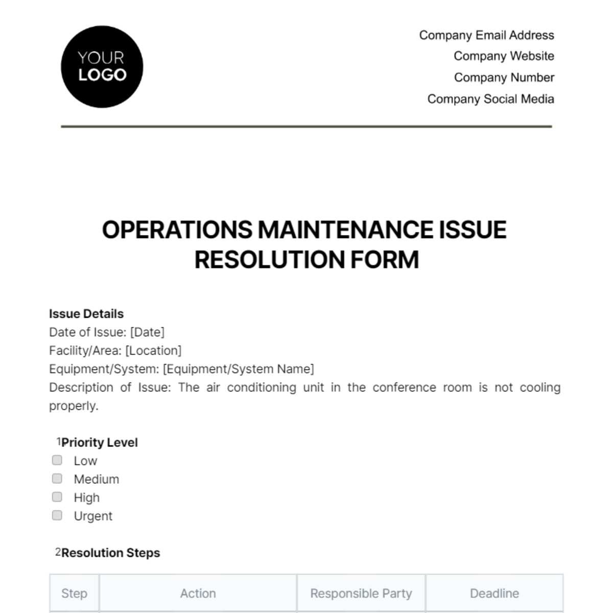Operations Maintenance Issue Resolution Form Template - Edit Online ...