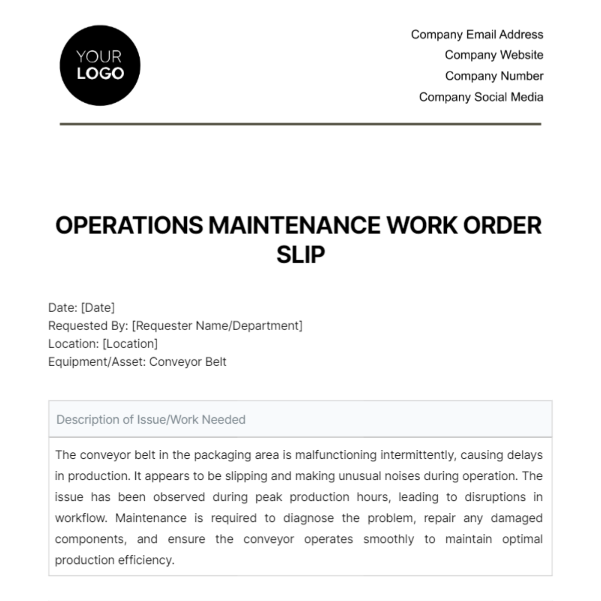 Operations Maintenance Work Order Slip Template - Edit Online ...