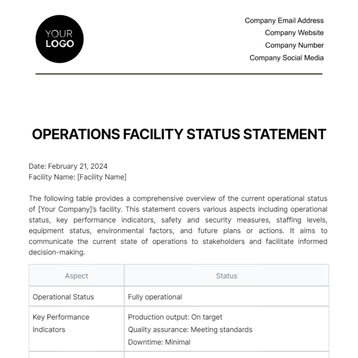 Operations Facility Status Statement Template - Edit Online & Download ...