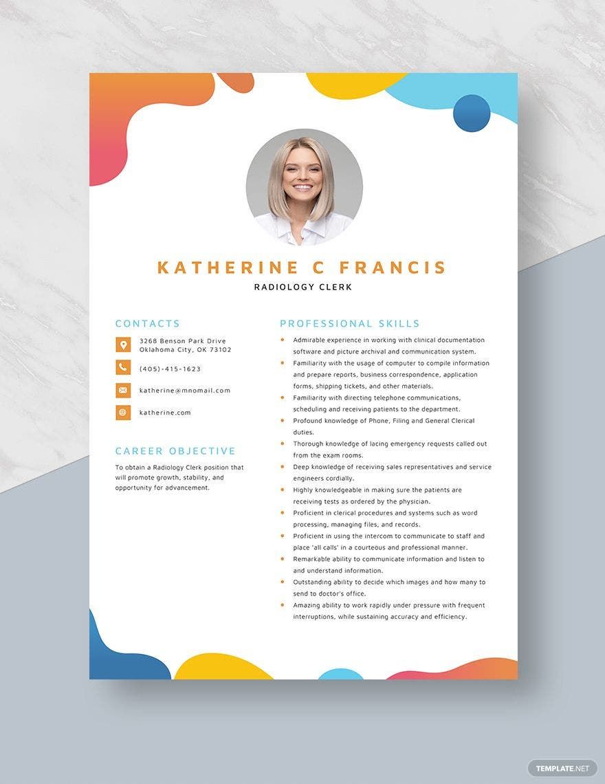 Free Radiology Clerk Resume Template Word Apple Pages Template