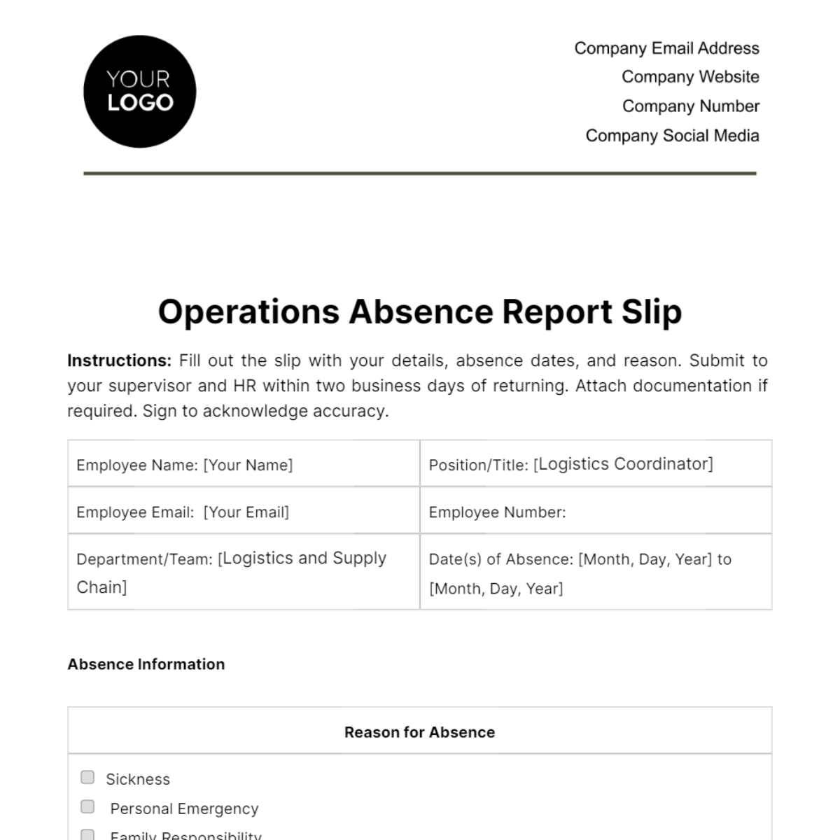 Operations Absence Report Slip Template | Template.net