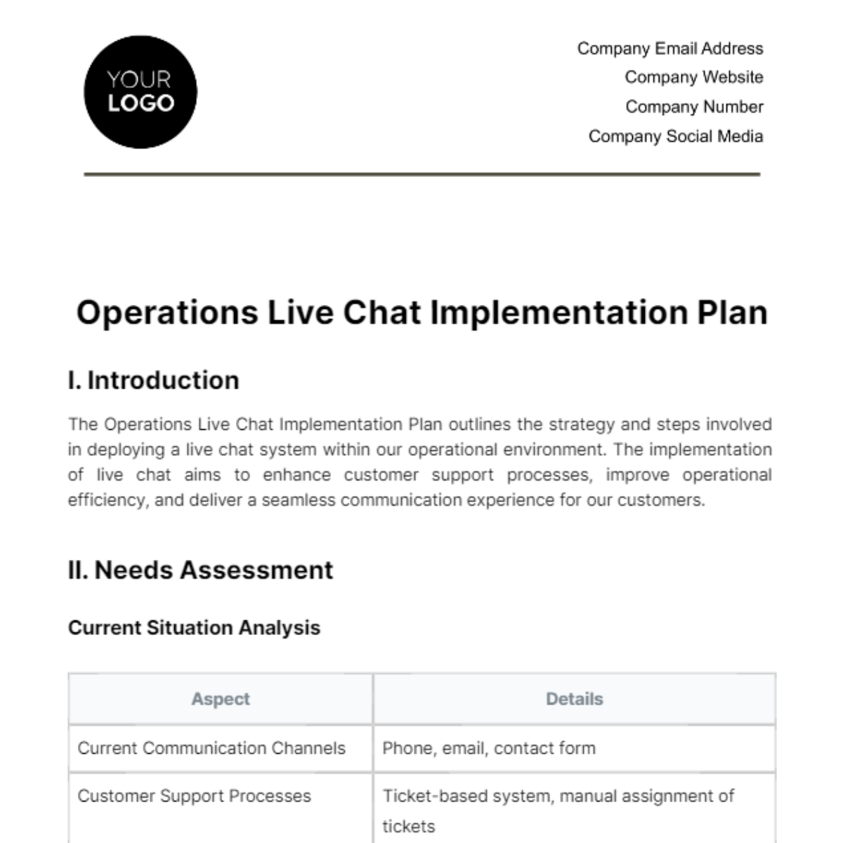 Operations Live Chat Implementation Plan Template - Edit Online ...