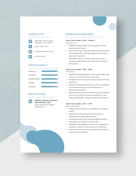 Sales Team Leader Resume Template Word Apple Pages Template
