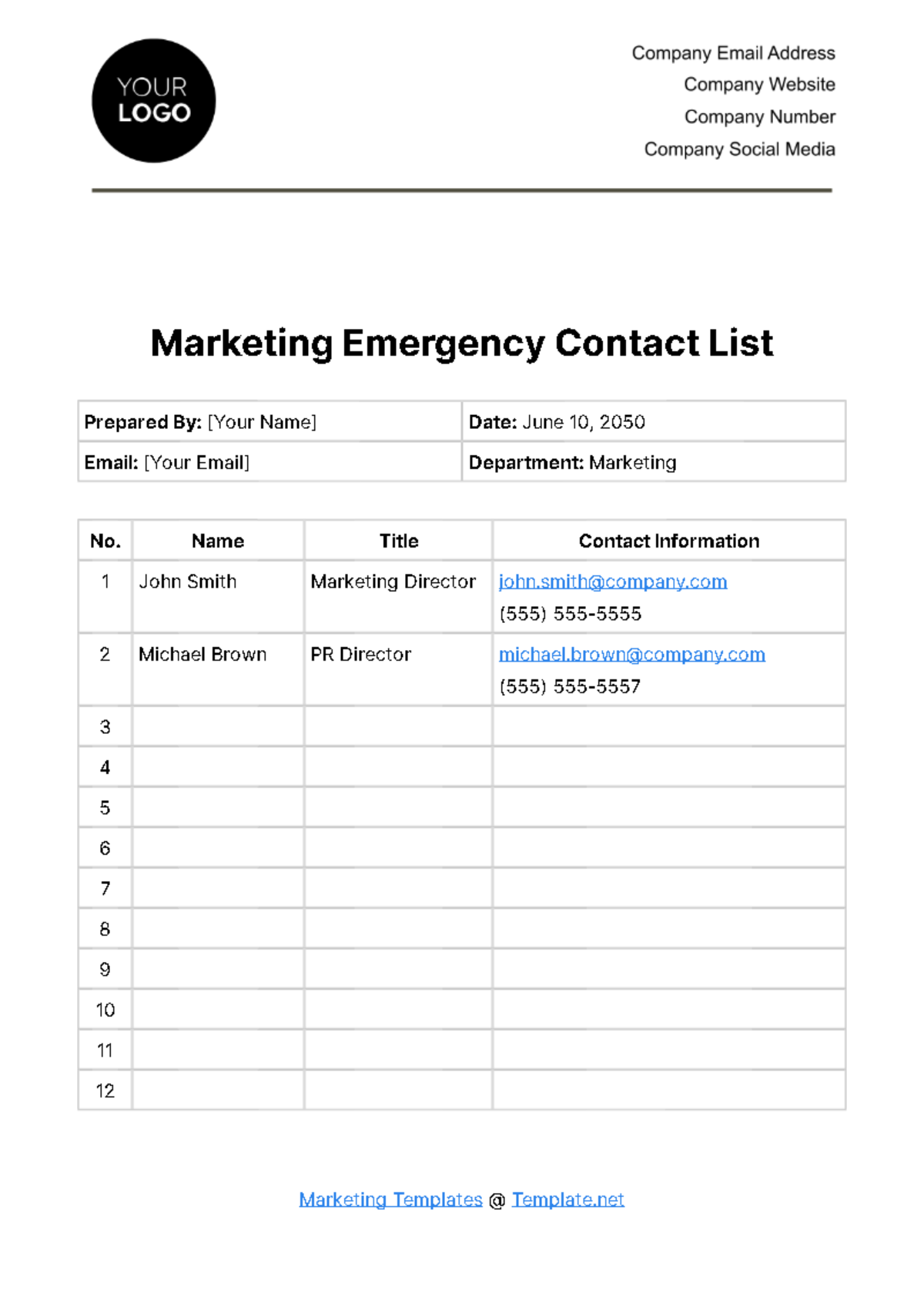 Free Contact List Templates Editable And Printable