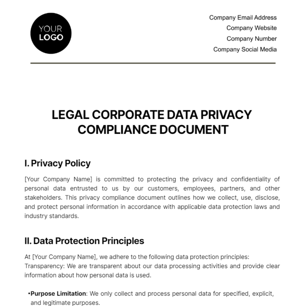 Legal Corporate Data Privacy Compliance Document Template Edit Online