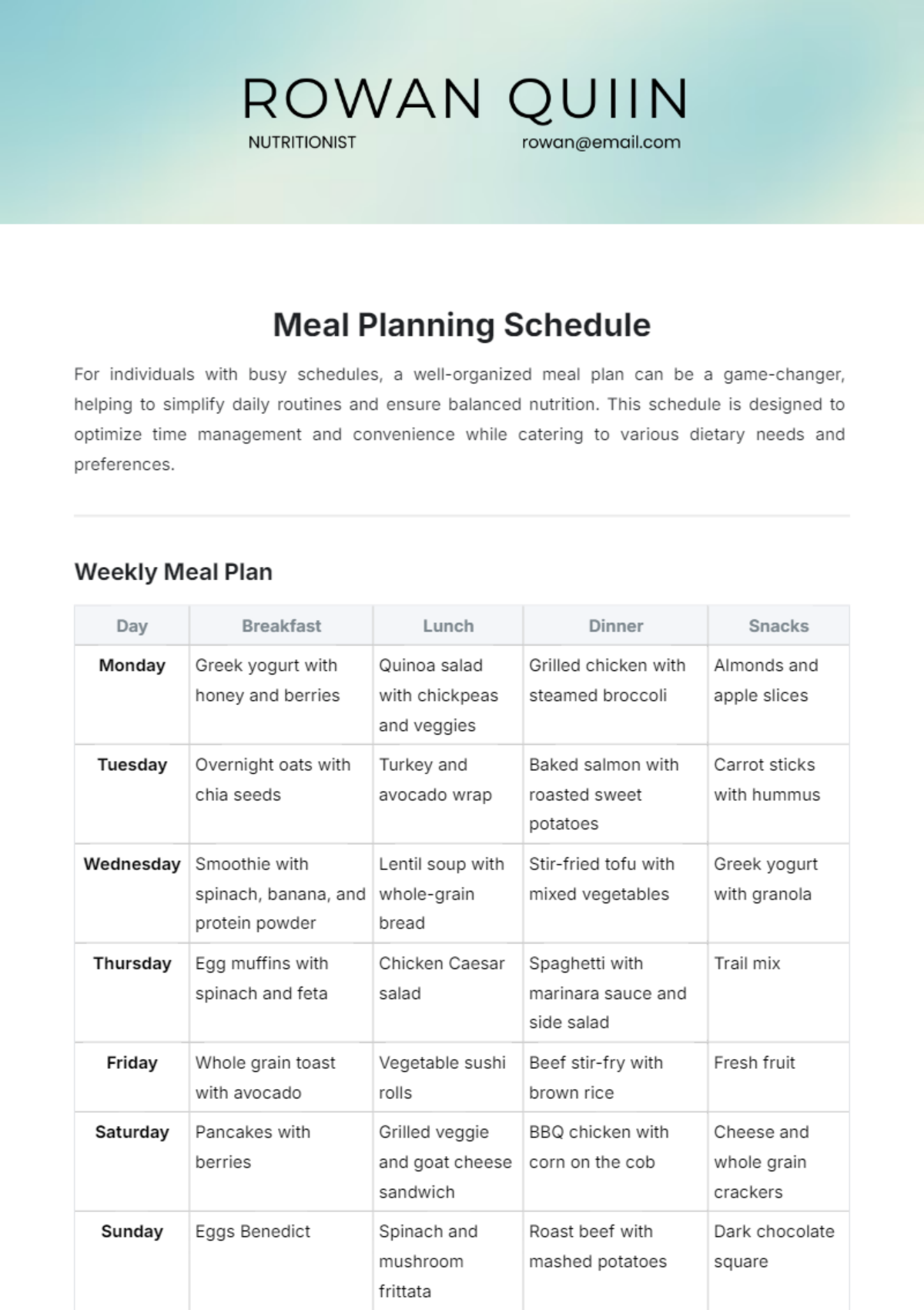 Free 30 Day Meal Plan Template To Edit Online