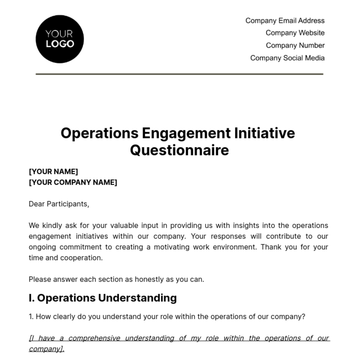 Operations Engagement Initiative Questionnaire Template - Edit Online ...