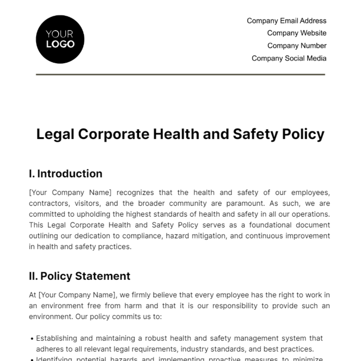 Legal Corporate Health and Safety Policy Template - Edit Online ...