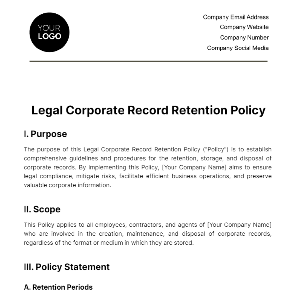 Legal Corporate Record Retention Policy Template - Edit Online ...