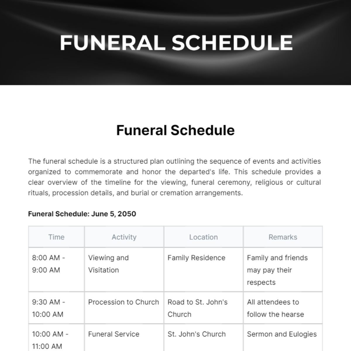 Free Funeral Schedule Template To Edit Online