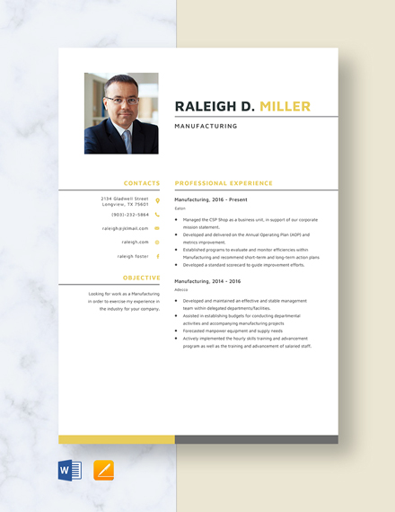 Free Contract Manufacturing Manager Resume - Word, Apple Pages ...