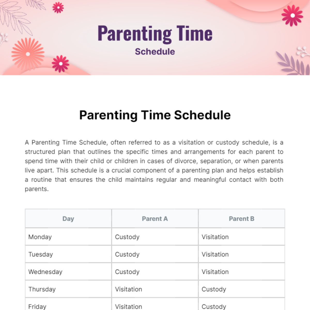 Free Parenting Time Schedule Template To Edit Online