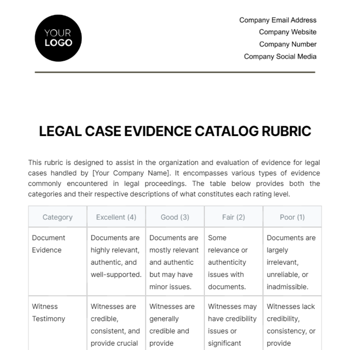 Legal Case Evidence Catalog Rubric Template - Edit Online & Download ...